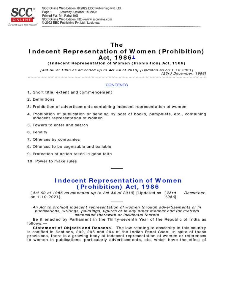 N Indecent Representation of Women Prohibition Act 1986 Rahuls Ias ...
