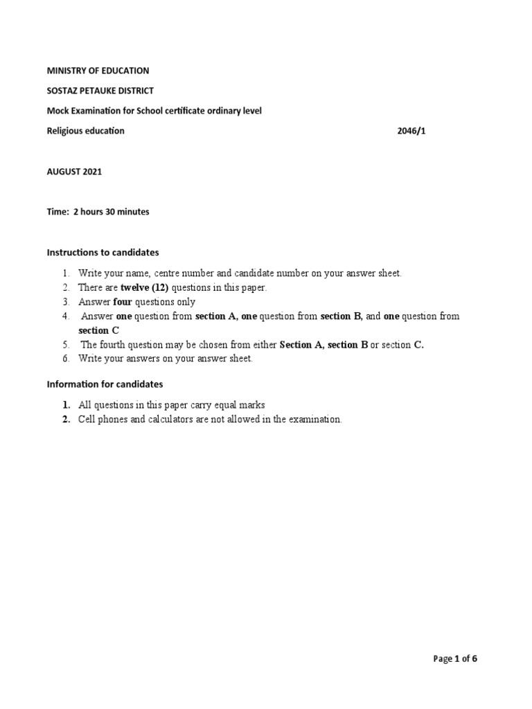Grade 12 RE Mock Exam Paper 2046 | PDF | Jesus | Prayer