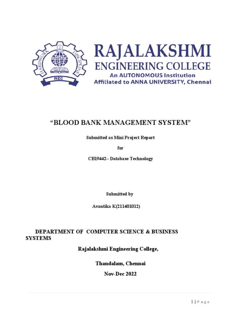DBMS Project Report - BLOOD BANK MANAGEMENT | PDF | Relational Database ...