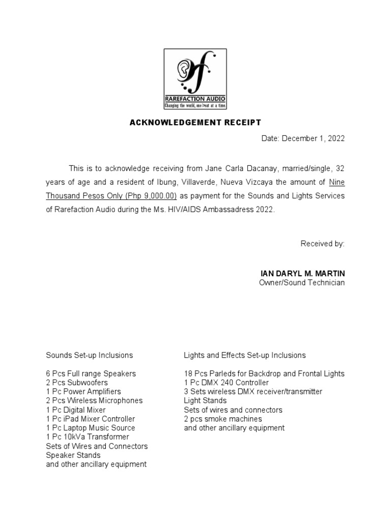 Acknowledgement Receipt for Sound Services | PDF