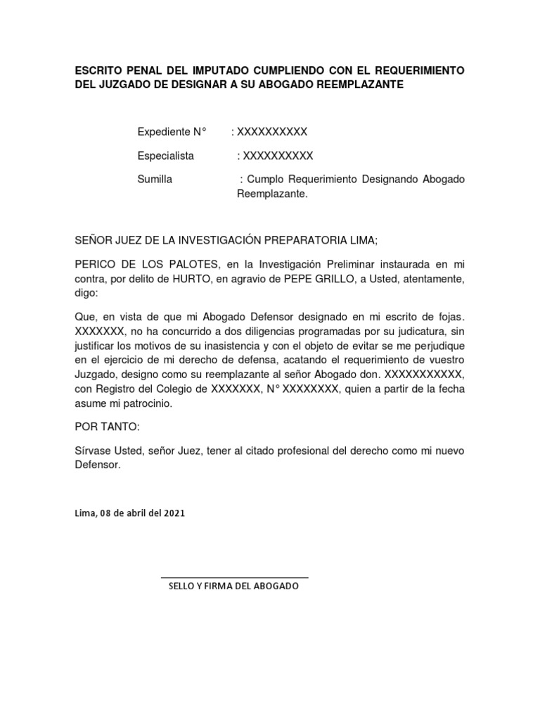 Escrito Penal Del Imputado Cumpliendo Con El Requerimiento Del Juzgado de Designar A Su Abogado ...