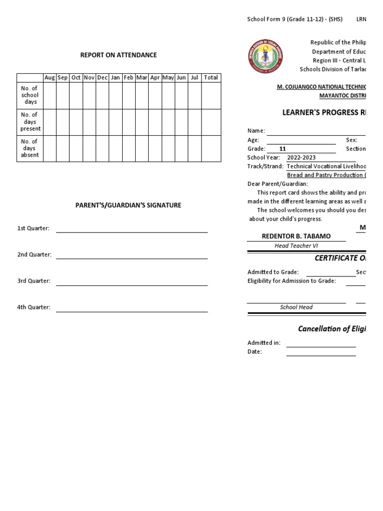 SF-9 - SHS - Sy-2022-2023 - BPP | PDF | Learning | Literacy