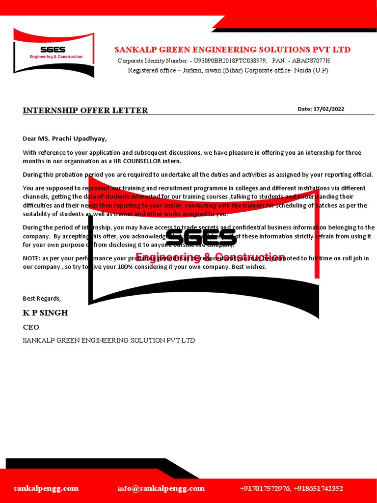OFFER LETTER INTERN Prachi | PDF