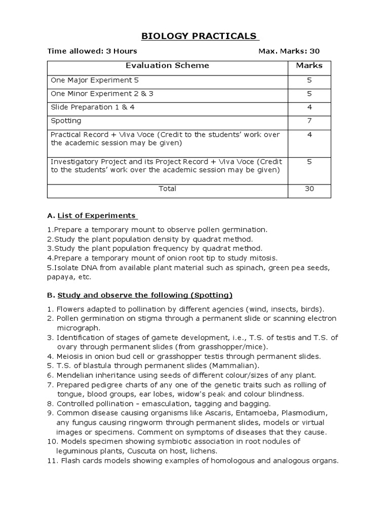 Biology Practicals Syllabus 22-23 | PDF