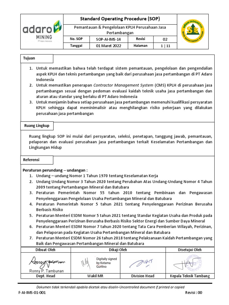 SOP Pemantauan KPLH Pertambangan Adaro | PDF
