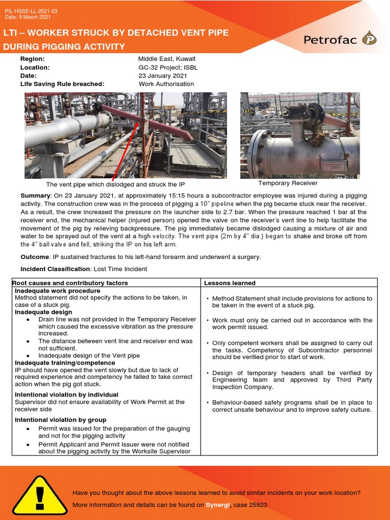 03 - 2021 LL - LTI - Worker Struck by Detached Vent Pipe During Pigging Activity | PDF