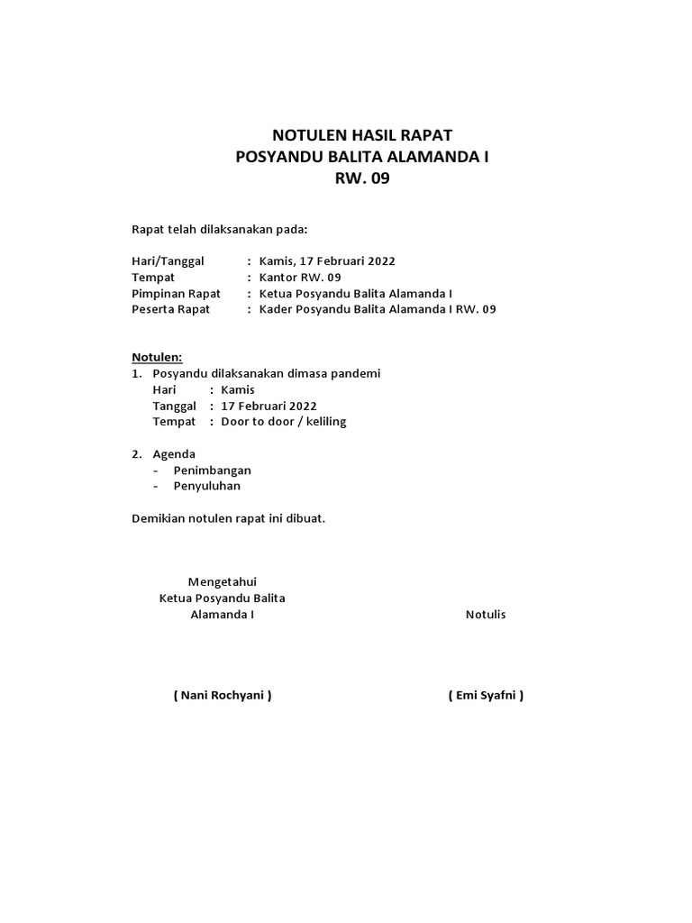 Notulen Hasil Rapat Posyandu Balita Alamanda I | PDF