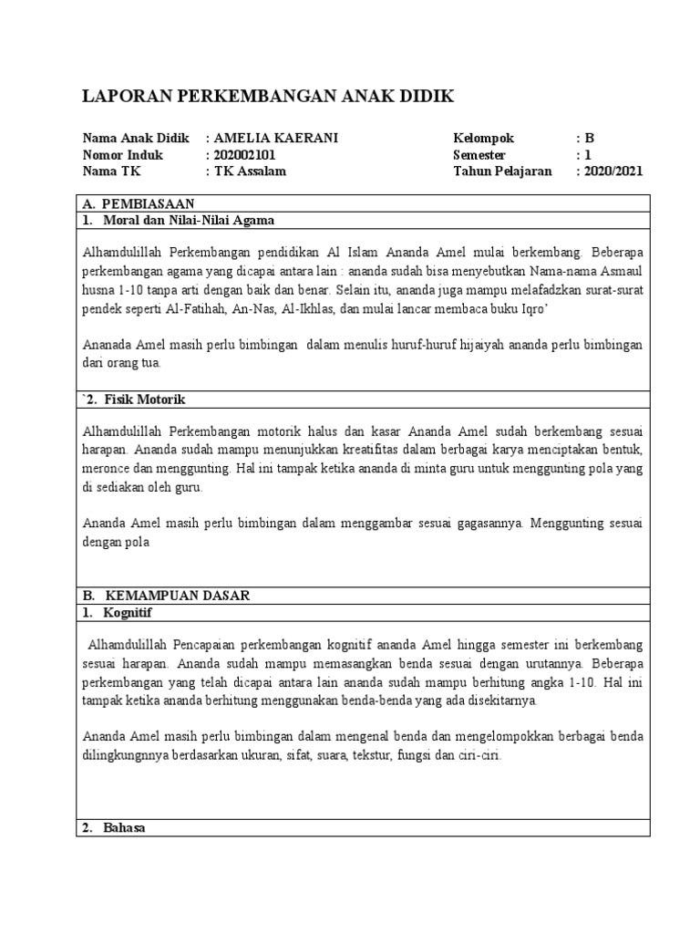 Raport Anak TK Assalam | PDF
