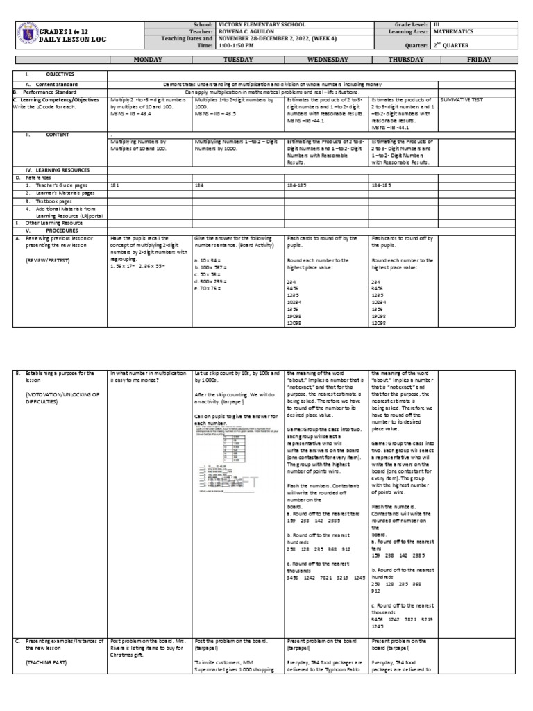 DLL Quarter 2 Week 4 MATHEMATICS 3 | PDF | Multiplication | Numbers