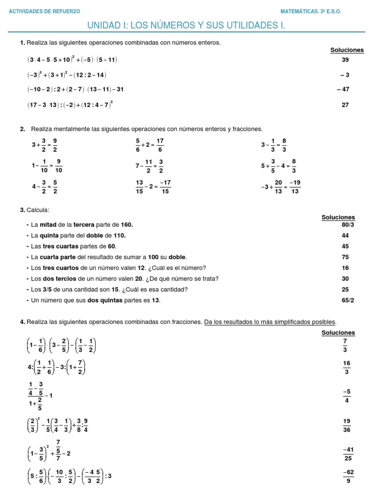 Fracciones Actividades Refuerzo 3º Eso Sol | Entero | Matemáticas Fracciones Actividades Refuerzo 3º Eso Sol | Entero | Matemáticas