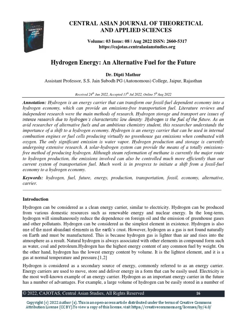 Hydrogen Energy: An Alternative Fuel For The Future | PDF | Hydrogen ...