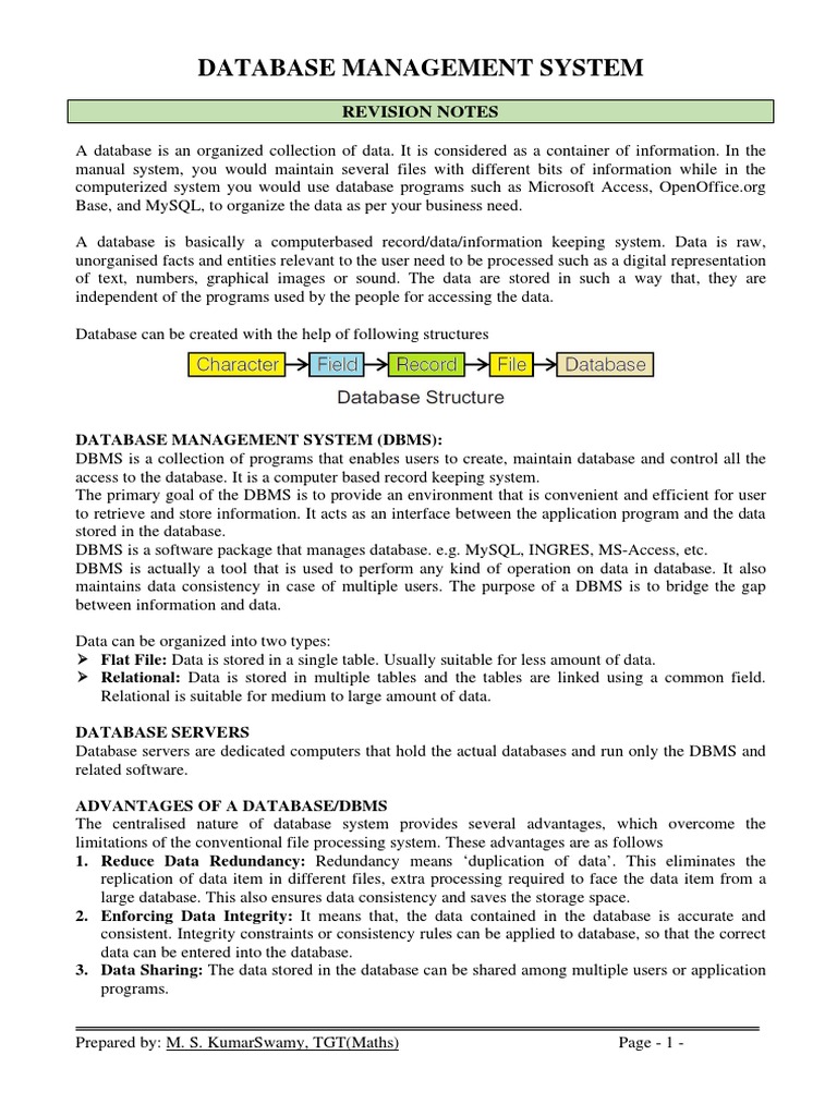 03 Database Management System Revision Notes Pdf Databases Relational Database 