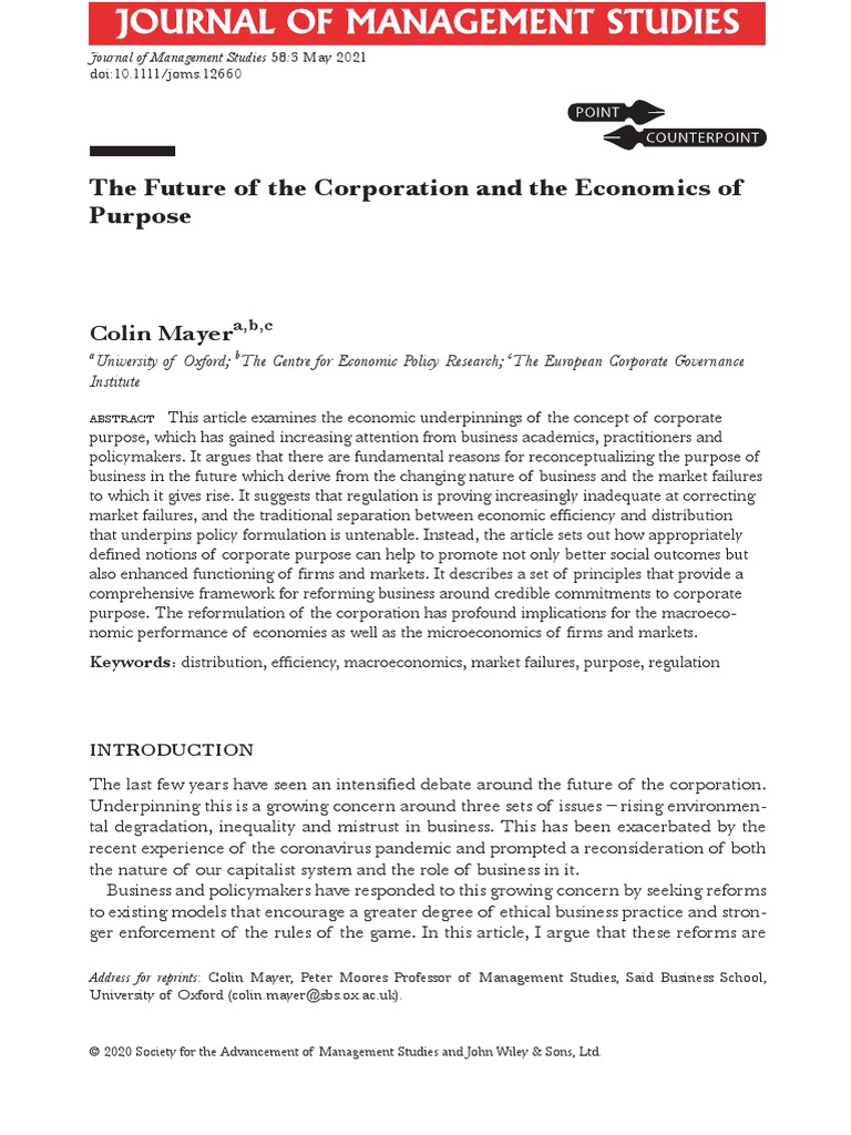 J Management Studies - 2020 - Mayer - The Future of The Corporation and ...