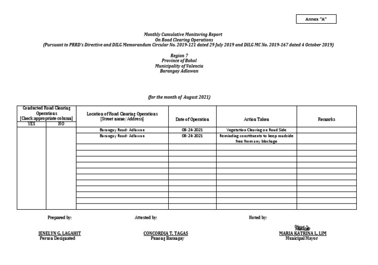 Monthly Road Clearing Report - Bohol | PDF