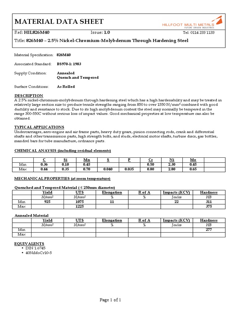 826M40 Steel Material Data Sheet | PDF | Steel | Materials