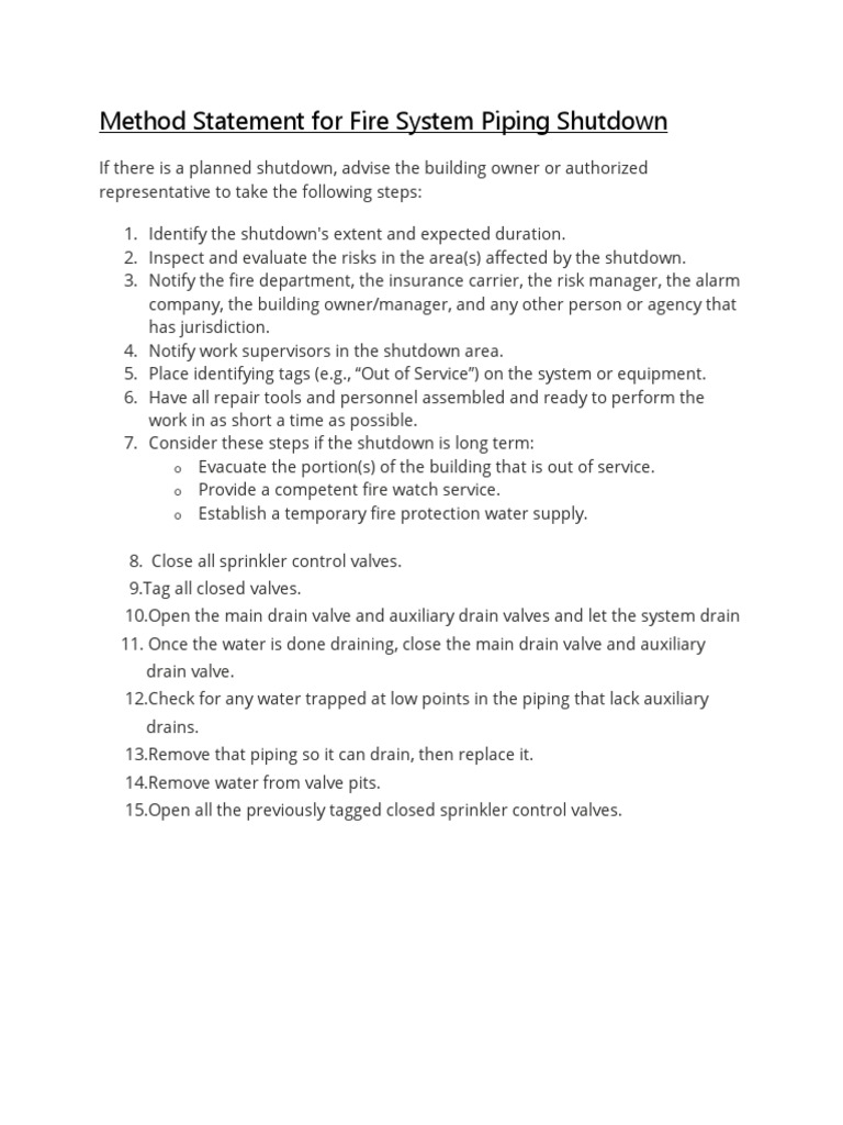 Method Statement For Fire System | PDF