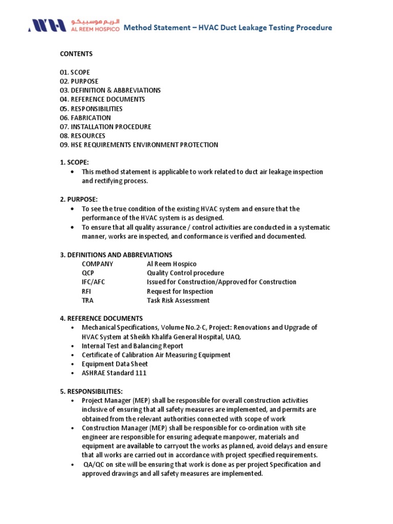 Method Statement Hvac Duct Leakage Testing Procedure Pdf Duct