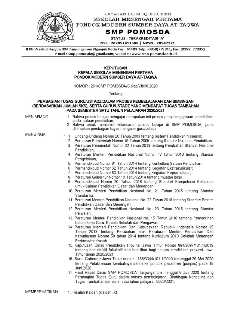 SK Pembagian Tugas Mengajar Dan Tata Usaha SMT Satu 2020 2021 Yayasan Rev | PDF