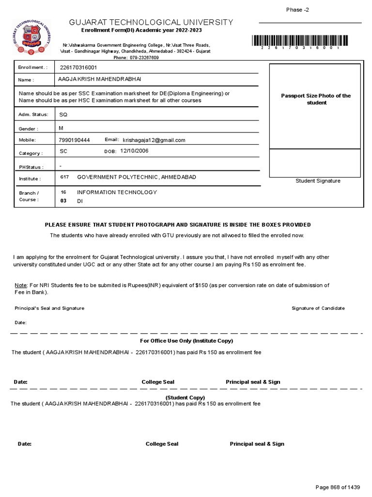 Sem-1 Enrollment Forms | PDF | Gujarat | Fee