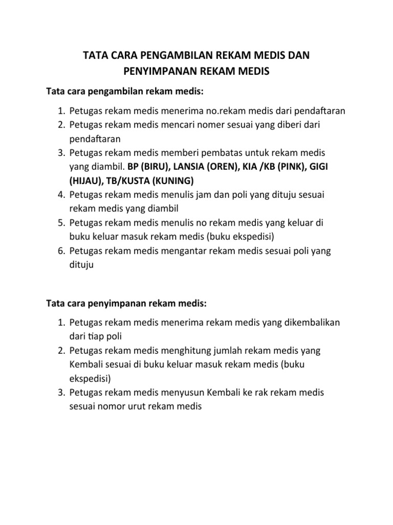 Tata Cara Pengambilan Rekam Medis Dan Penyimpanan Rekam Medis | PDF