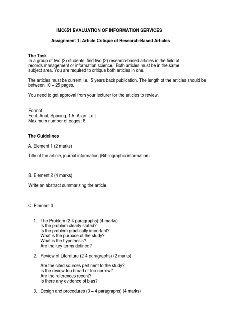 IMC651 - Assignment 1 - Article Critique Guidelines - 2022 | PDF