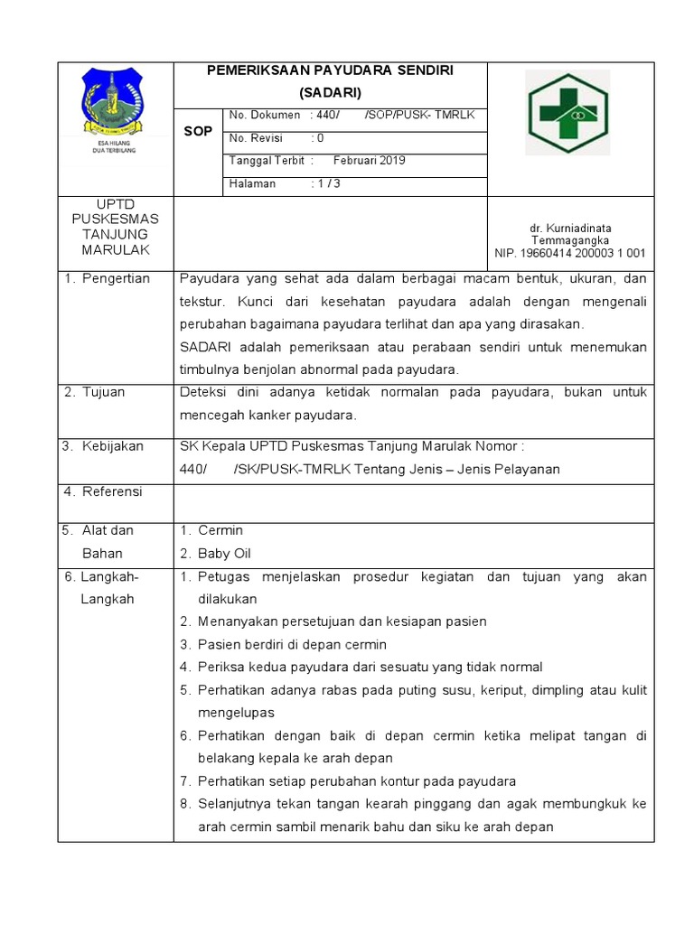 Sop Pemeriksaan Payudara Sendiri (Sadari) | PDF