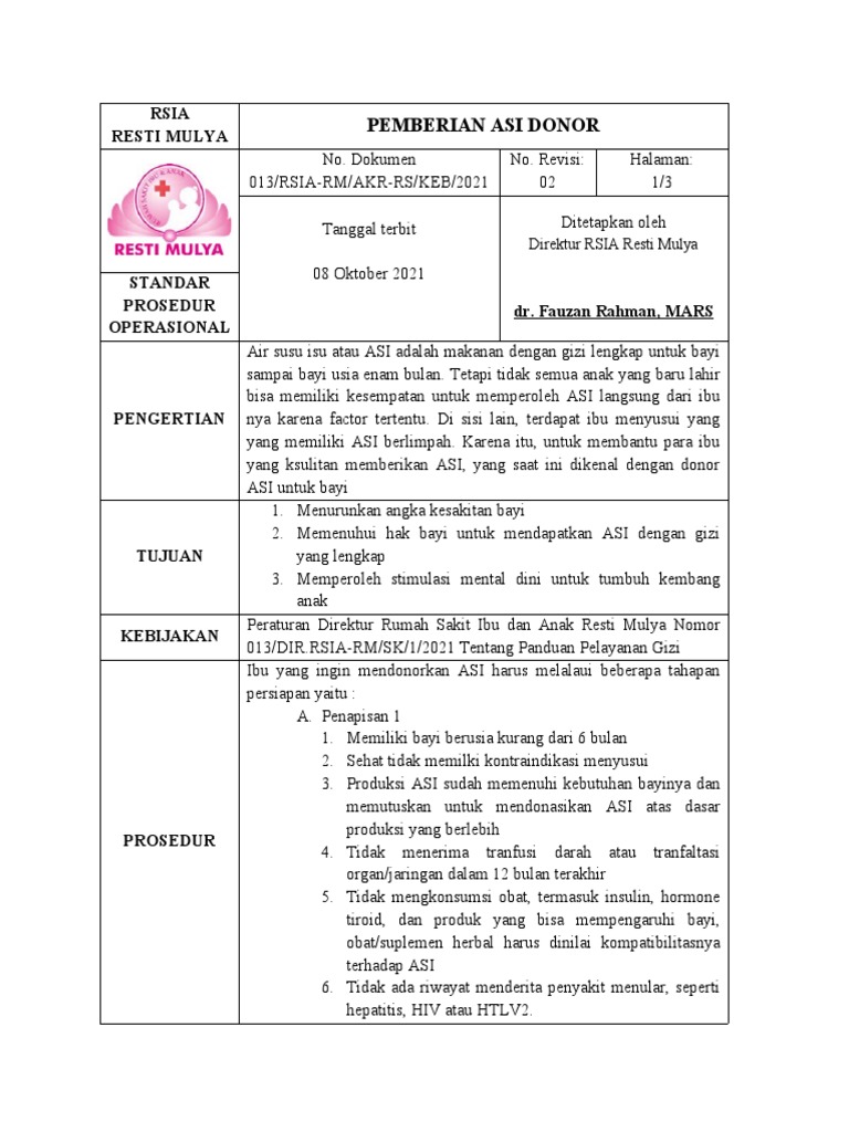 Prosedur Donor ASI di RSIA Resti Mulya | PDF