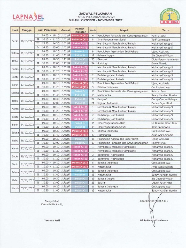 Jadwal Pelajaran PKBM Oktober - November 2022 | PDF