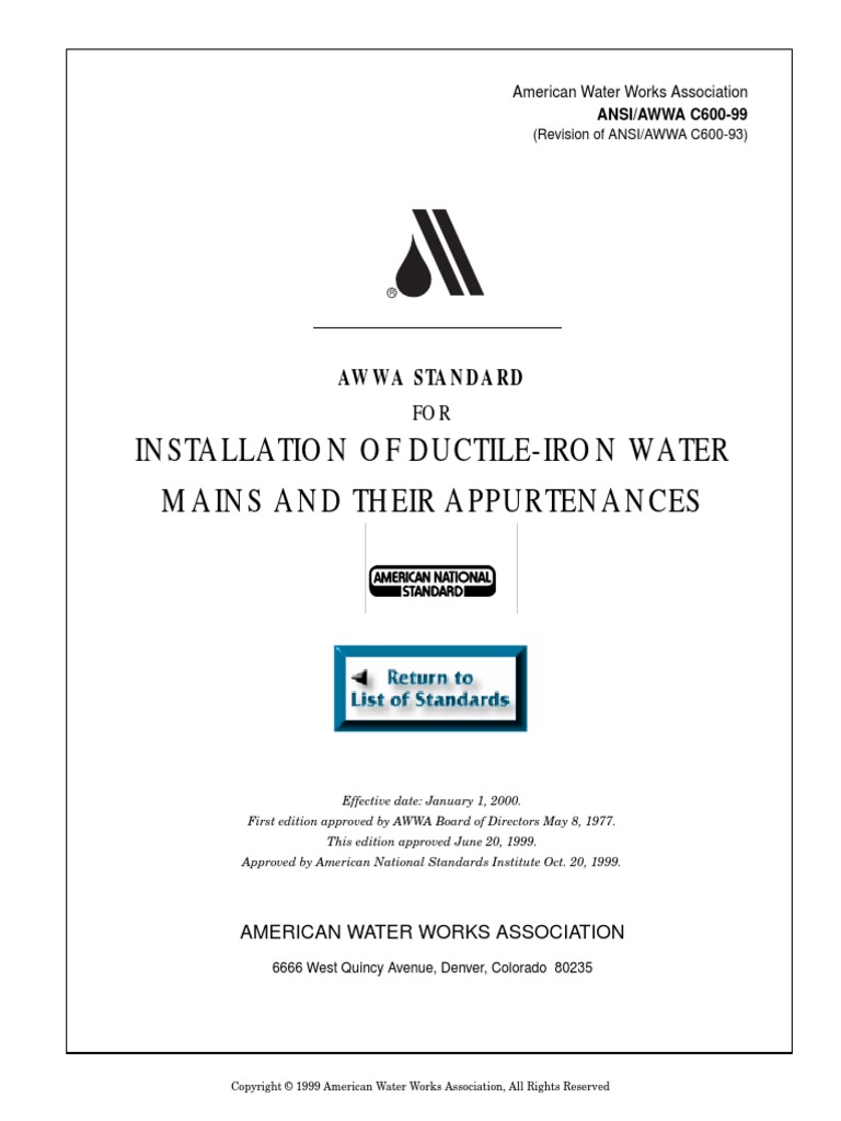 Awwa C600-99 | PDF | Pipe (Fluid Conveyance) | Specification (Technical Standard)