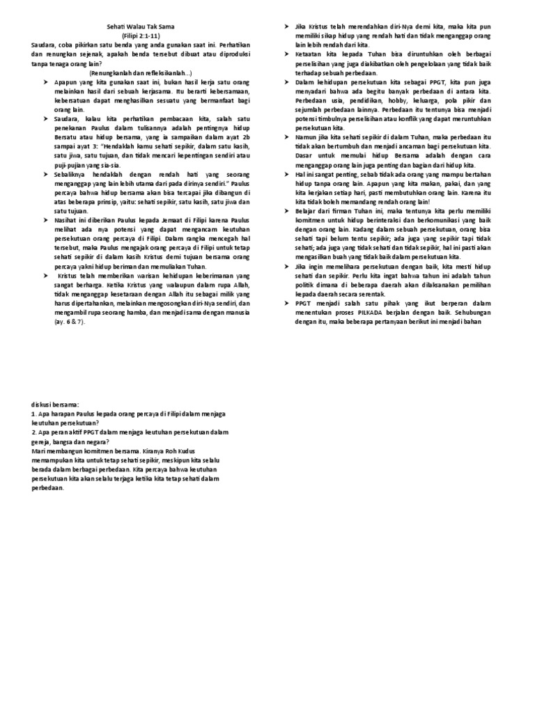 Sehati Walau Tak Sama Khotbah PPGT | PDF