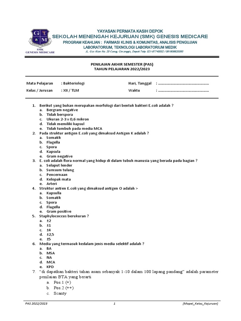 Kelas - Soal PAS 2223 - BakteriologiXII | PDF