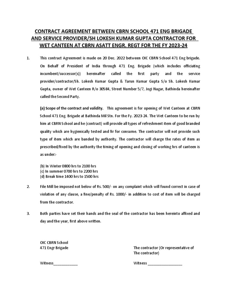 Contract Agreement Between CBRN School 471 Eng Brigade | PDF