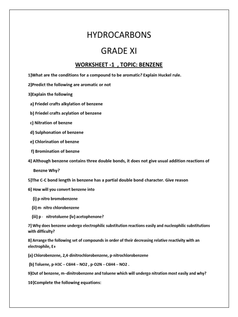 Hydrocarbons Worksheet - 1 Benzene | PDF