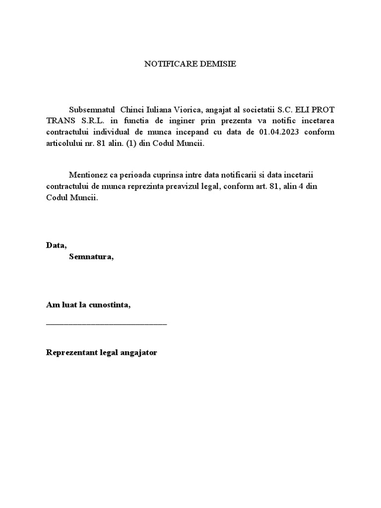 Model Cerere Demisie Cu Preaviz | PDF