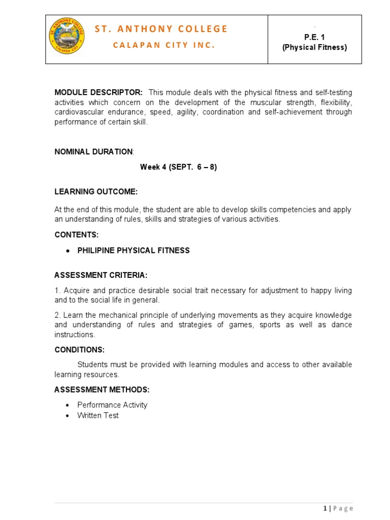 Philippine Physical Fitness Module | PDF | Physical Education ...