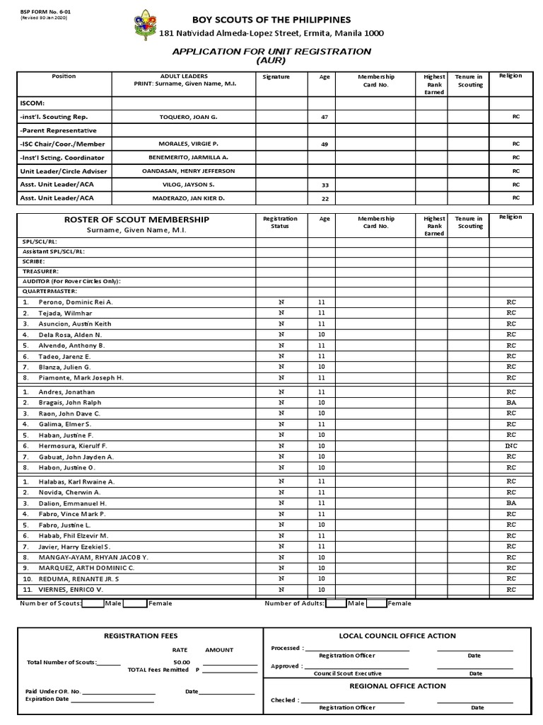 BSP Form 6-01 Unit Registration | PDF | Outdoor Recreation | Scouting ...