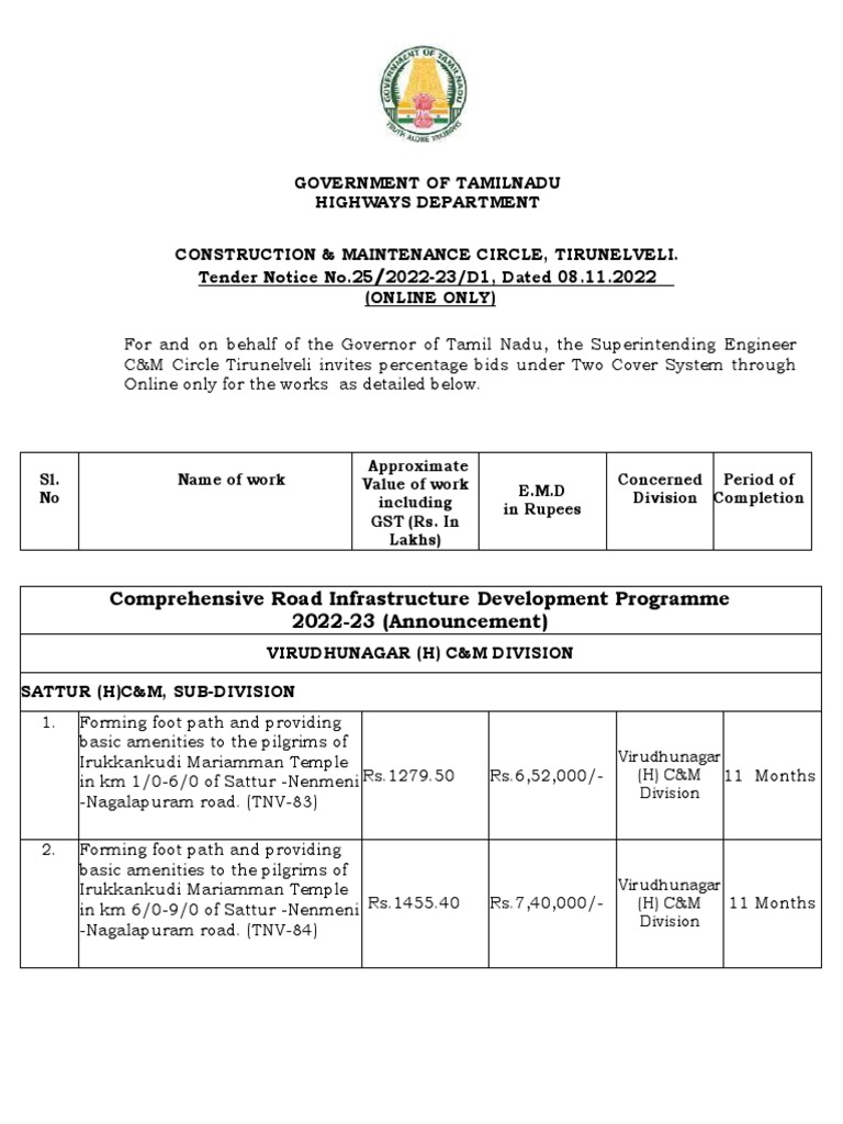 Tamil Nadu Highway Tender Notice | PDF