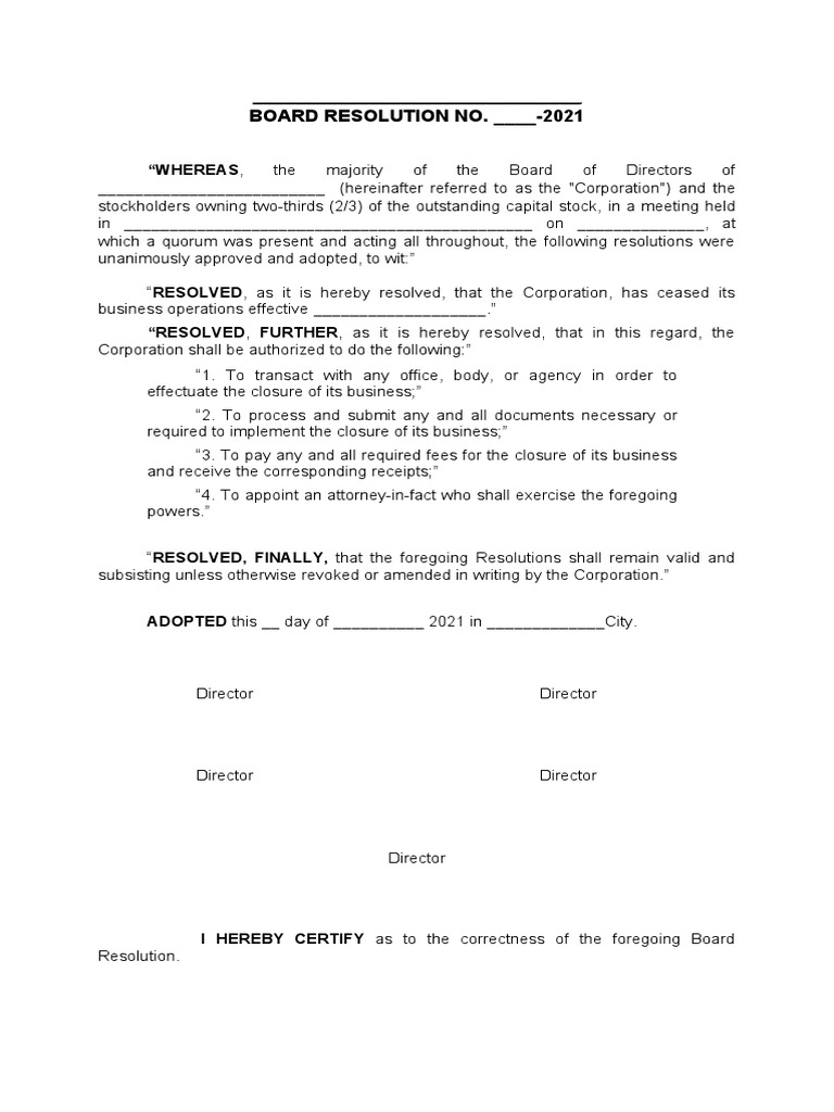 Board Resolution for Business Closure | PDF | Finance & Money Management