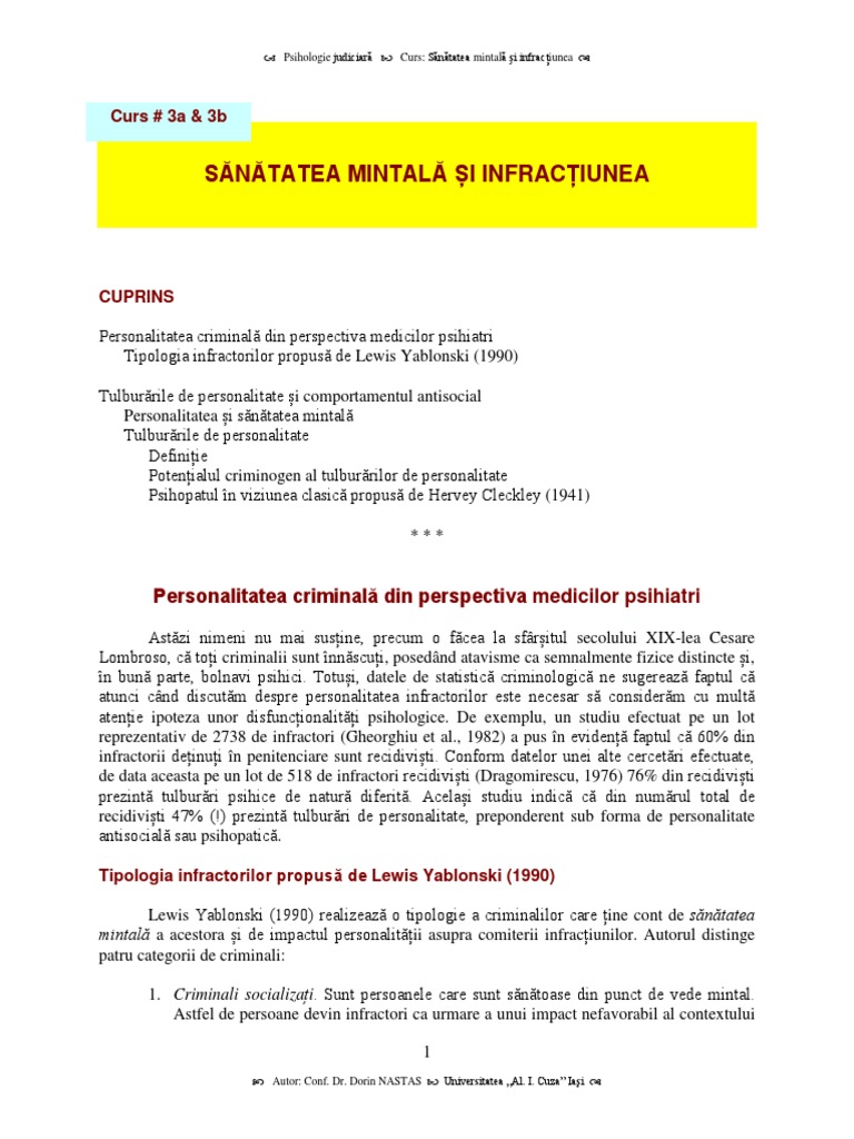 Curs 03 - Sanatatea Mintala Si Infractiunea (V-Stud-2017) | PDF