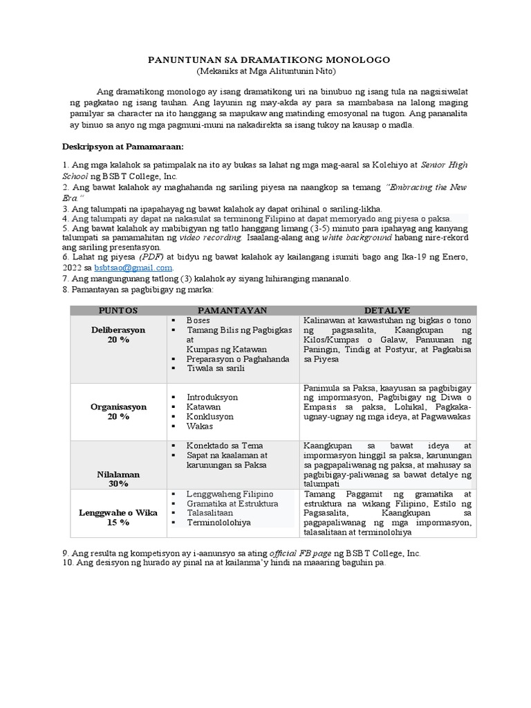 Panuntunan Sa Dramatikong Monologo | PDF