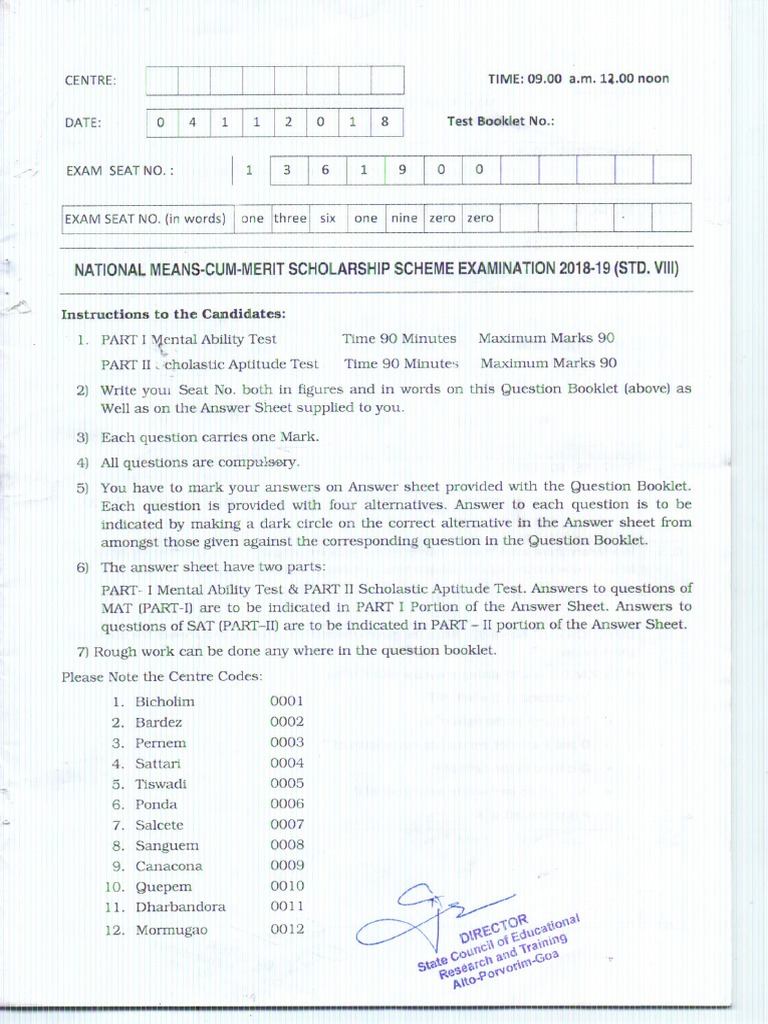 NMMSS Question Paper Answer Key | PDF