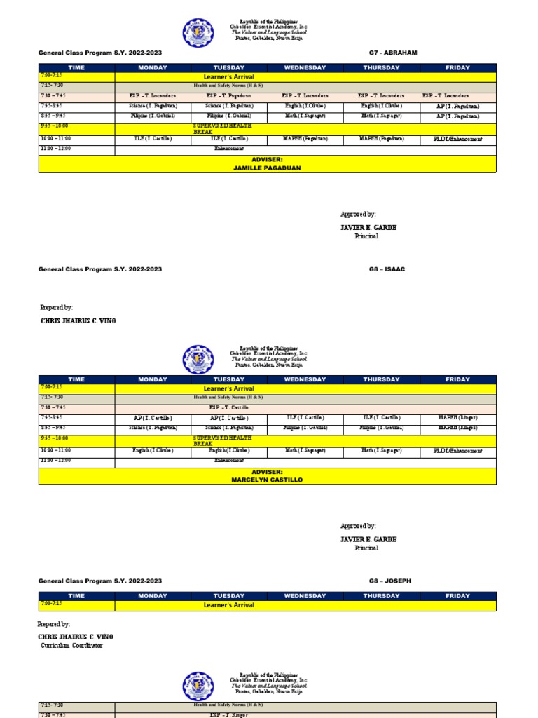 Class Schedule 2022 2023 | PDF