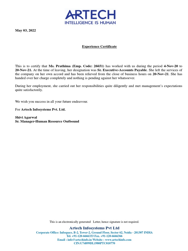 Experience Certificate for Ms. Prathima | PDF | Career & Growth