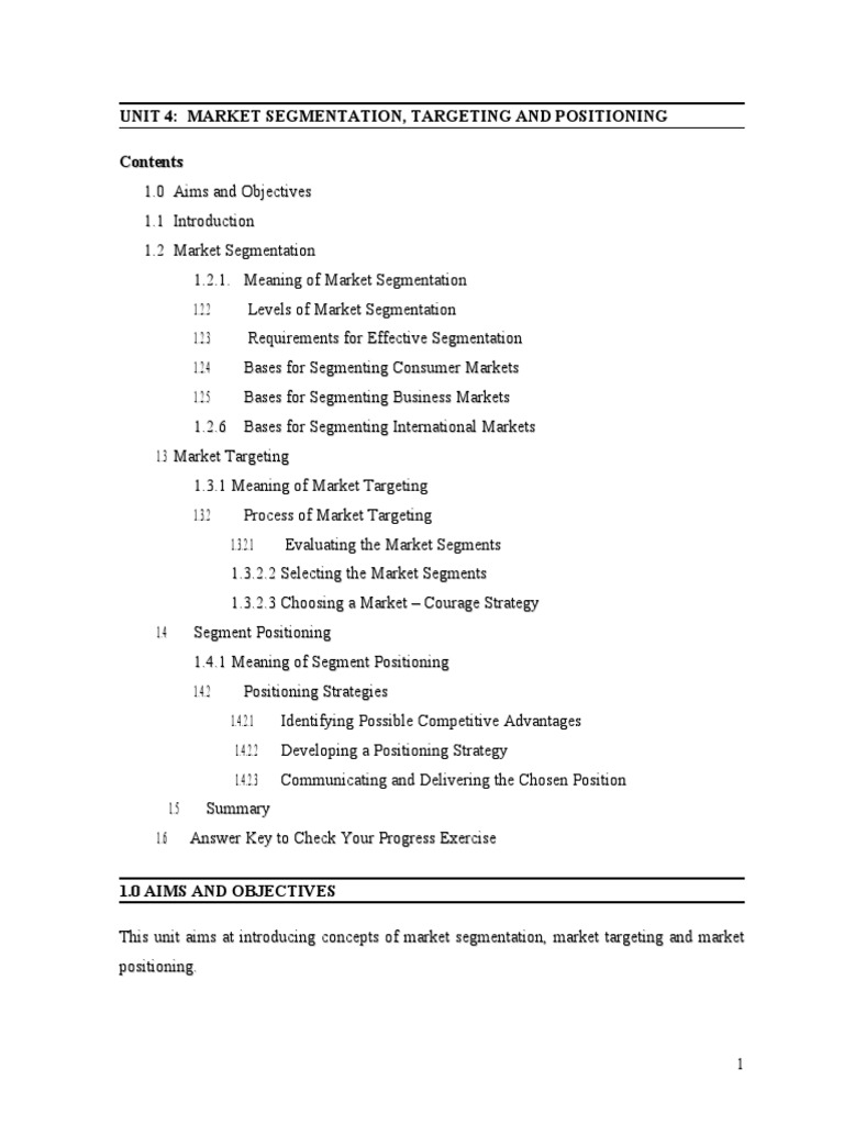 Unit 4 Market Segmentation Targeting And Positioning Pdf Market Segmentation Marketing