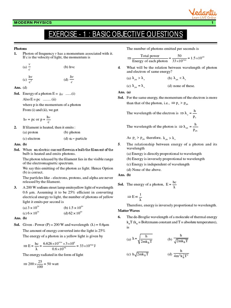 Modern Physics EXERCISE-1 Qs. + Sol..pmd | PDF | Photoelectric Effect ...