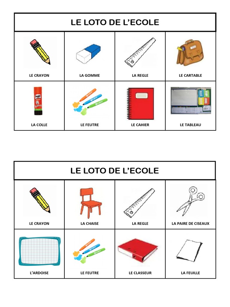 Le Loto Du Vocabulaire de L'école | PDF