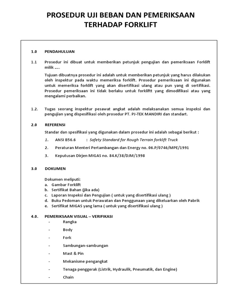 Prosedur Uji Dan Pemeriksaan Forklift - Wheel Loader | PDF