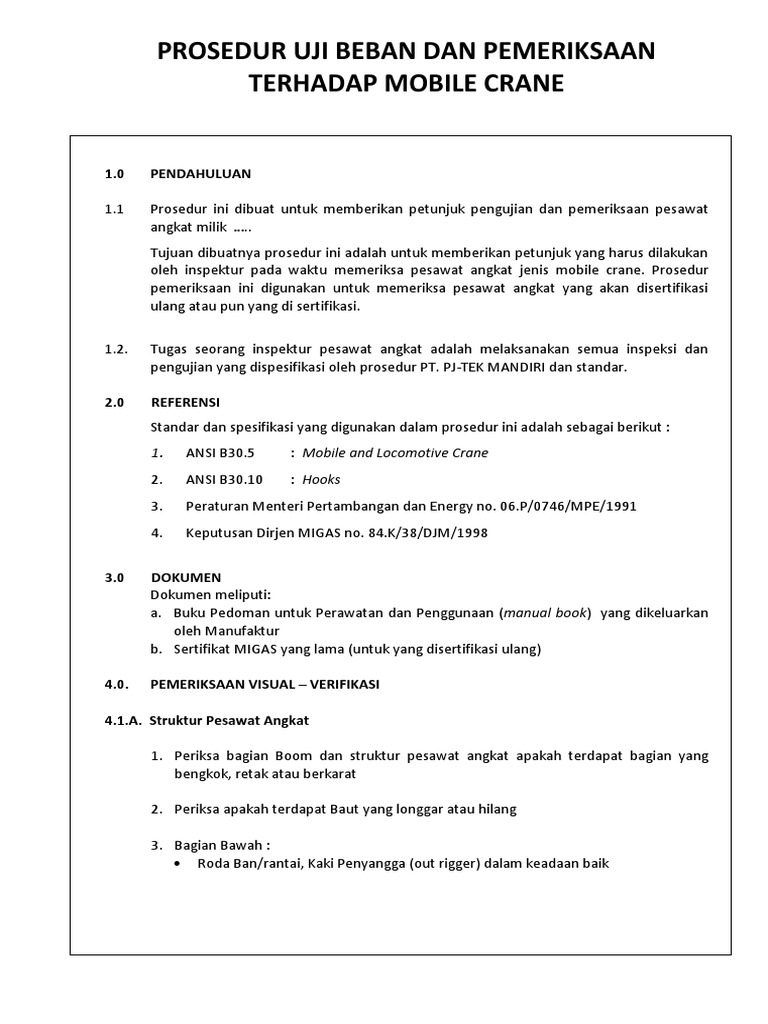 Prosedur Uji Dan Pemeriksaan Mobile Crane | PDF