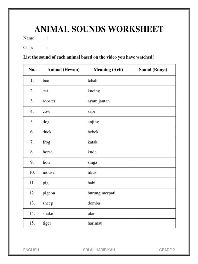 Animal Sounds Worksheet for Grade 2 | PDF