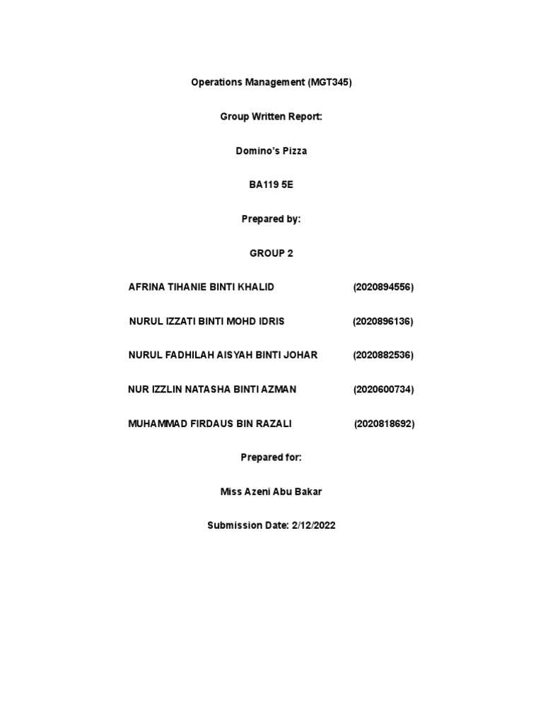 MGT345 BA119 5E Group 2 Report Proposal | PDF | Domino's Pizza | Pizza